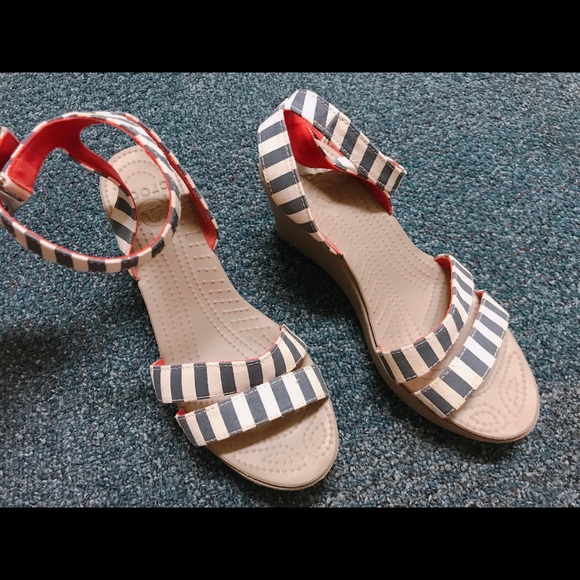 CROCS | Shoes | Crocs Blue And White Leigh Wedge Sandles | Poshmark